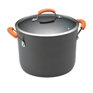 rachael ray brights hard anodized nonstick stock pot/stockpot with lid, 10 quart, gray with orange handles