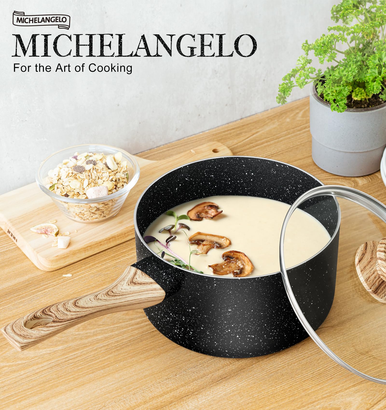 MICHELANGELO 3 Quart Saucepan with Lid, Nonstick Sauce Pan with Lid, Small Pot with Lid, Granite Coating Sauce Pan 3 Quart, Small Sauce Pot, Nonstick Stone Pot with Ergonomic Bakelite Handle