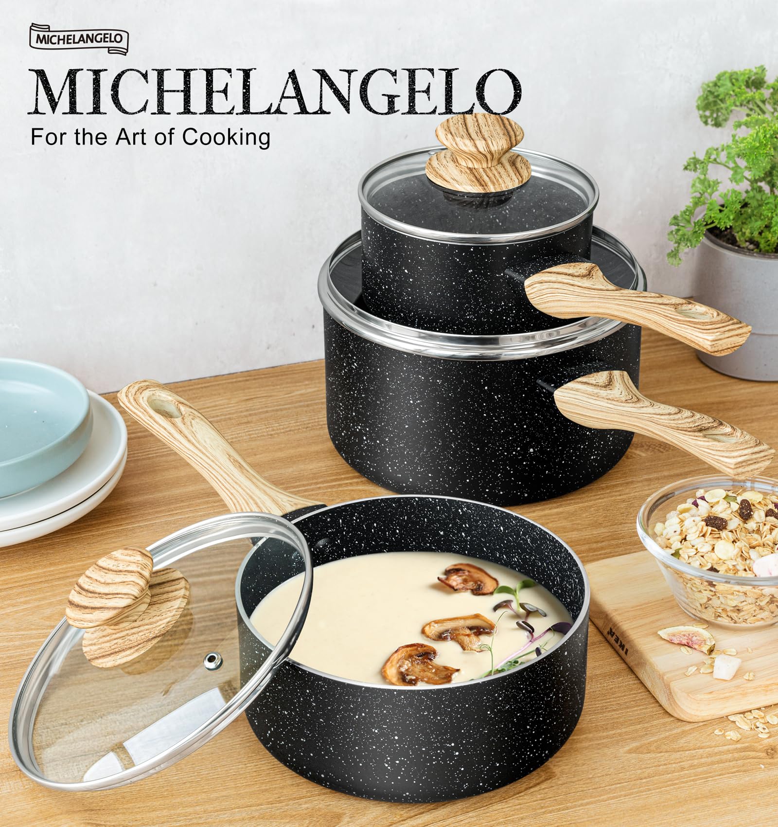 MICHELANGELO 3 Quart Saucepan with Lid, Nonstick Sauce Pan with Lid, Small Pot with Lid, Granite Coating Sauce Pan 3 Quart, Small Sauce Pot, Nonstick Stone Pot with Ergonomic Bakelite Handle