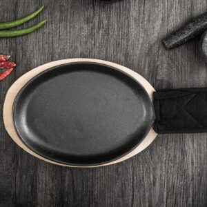 HAWOK Cast Iron Fajita Plate Sizzler Pan Set with Bamboo Tray and Handle Holder, Set of 4, Pre-seasoned Cast Iron Skillet with Bamboo Base and Handle Cover