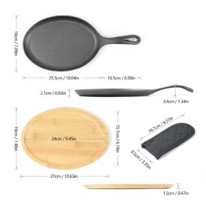 HAWOK Cast Iron Fajita Plate Sizzler Pan Set with Bamboo Tray and Handle Holder, Set of 4, Pre-seasoned Cast Iron Skillet with Bamboo Base and Handle Cover