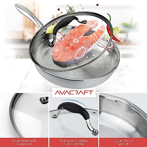 AVACRAFT 10 Inch Tri-Ply Stainless Steel Frying Pan with Lid, Side Spouts, Induction Pan, Versatile Stainless Steel Skillet, Fry Pan in our Pots and Pans (Tri-Ply Stainless steel,10 Inch)