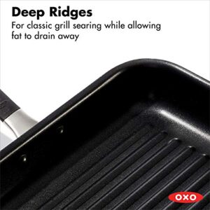 OXO Good Grips 11” Square Grill Pan, 3-Layered German Engineered Nonstick Coating, Stainless Steel Handle with Nonslip Silicone, Black