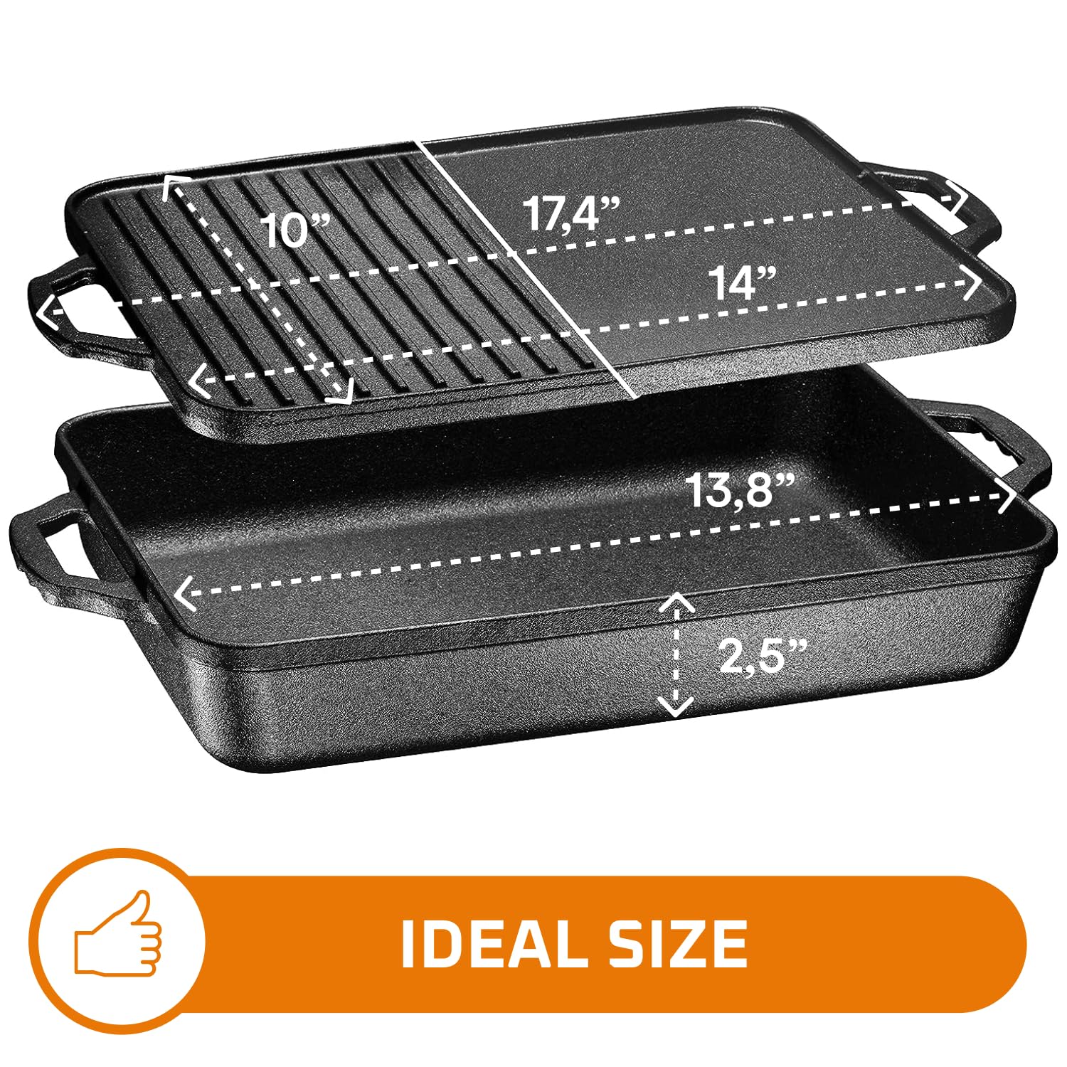 Bruntmor 3-In-1 Pre-Seasoned Cast Iron Pan with Reversible Grill Griddle Lid - 17.8"x11"x3.3" Non-Stick Multi Cooker Deep Roasting Grill Pan - Dutch Oven, Frying or Roasting Pan for Open Fire Camping