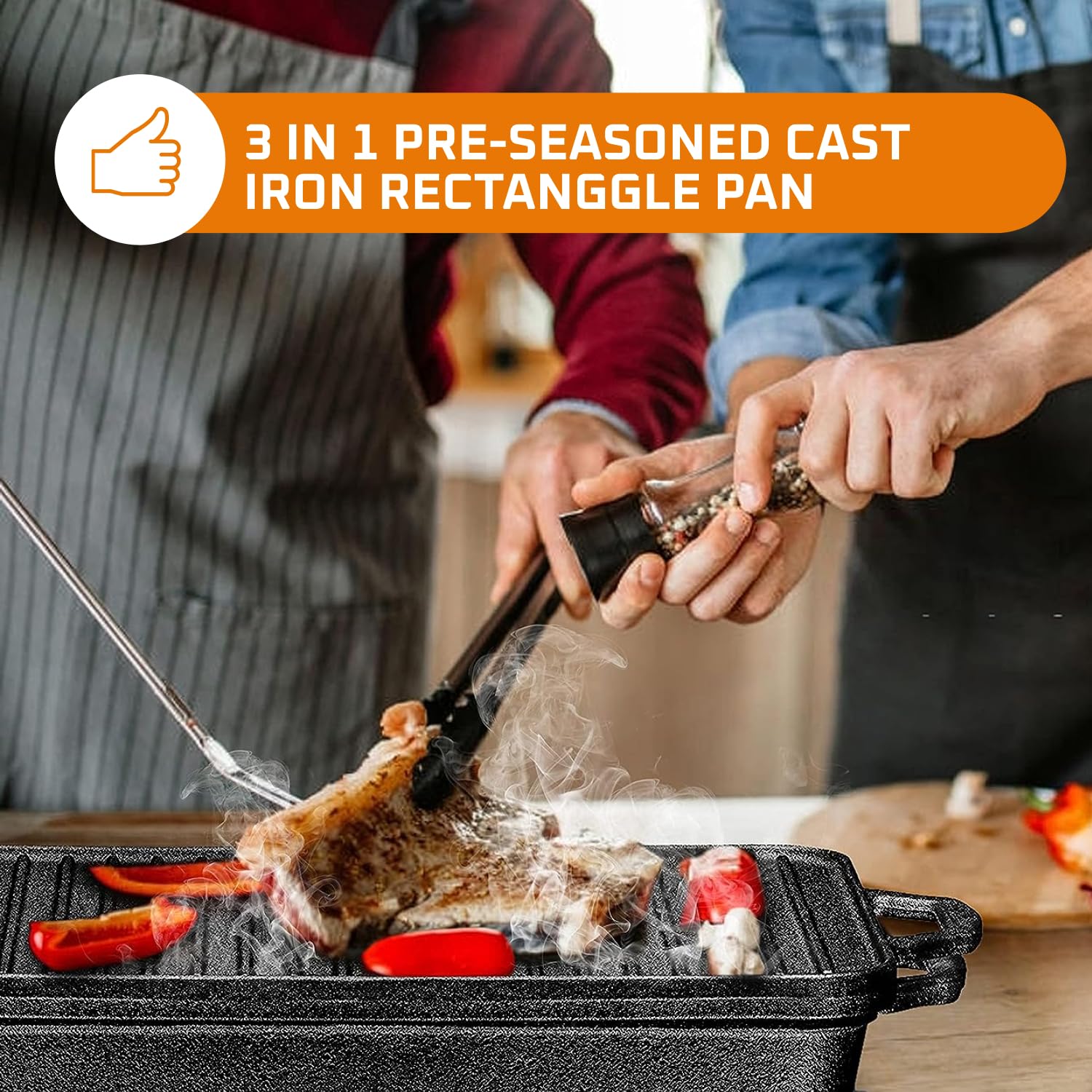 Bruntmor 3-In-1 Pre-Seasoned Cast Iron Pan with Reversible Grill Griddle Lid - 17.8"x11"x3.3" Non-Stick Multi Cooker Deep Roasting Grill Pan - Dutch Oven, Frying or Roasting Pan for Open Fire Camping