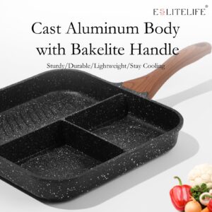 ESLITE LIFE Nonstick Divided Breakfast Grill Pan for Stove Tops, 11 Inch 3-In-1 Versatile Square Big Grill Skillet Pan for Indoor Cooking & Outdoor Grilling, PFOA Free, Black