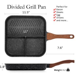 ESLITE LIFE Nonstick Divided Breakfast Grill Pan for Stove Tops, 11 Inch 3-In-1 Versatile Square Big Grill Skillet Pan for Indoor Cooking & Outdoor Grilling, PFOA Free, Black