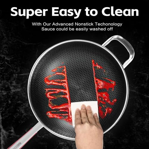 MEGOO 12.6 inch stainless steel nonstick wok pan with lid,stir fry honeycomb wok,cooking wok skillet,for gas cooktops,Induction,electric stove,dishwasher safe(PFA,PFOA Free)