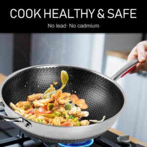 MEGOO 12.6 inch stainless steel nonstick wok pan with lid,stir fry honeycomb wok,cooking wok skillet,for gas cooktops,Induction,electric stove,dishwasher safe(PFA,PFOA Free)