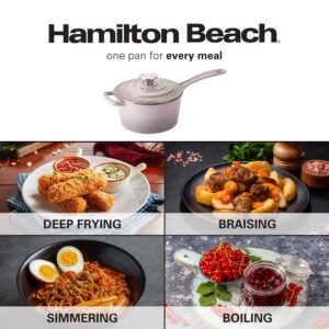 Hamilton Beach Enameled Cast Iron Sauce Pan 2-Quart Navy, Cream Enamel coating, Pot For Stove top and Oven Cooking, Even Heat Distribution, Safe Up to 400 Degrees, Durable