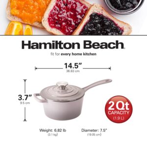 Hamilton Beach Enameled Cast Iron Sauce Pan 2-Quart Navy, Cream Enamel coating, Pot For Stove top and Oven Cooking, Even Heat Distribution, Safe Up to 400 Degrees, Durable