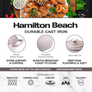 Hamilton Beach Enameled Cast Iron Sauce Pan 2-Quart Navy, Cream Enamel coating, Pot For Stove top and Oven Cooking, Even Heat Distribution, Safe Up to 400 Degrees, Durable