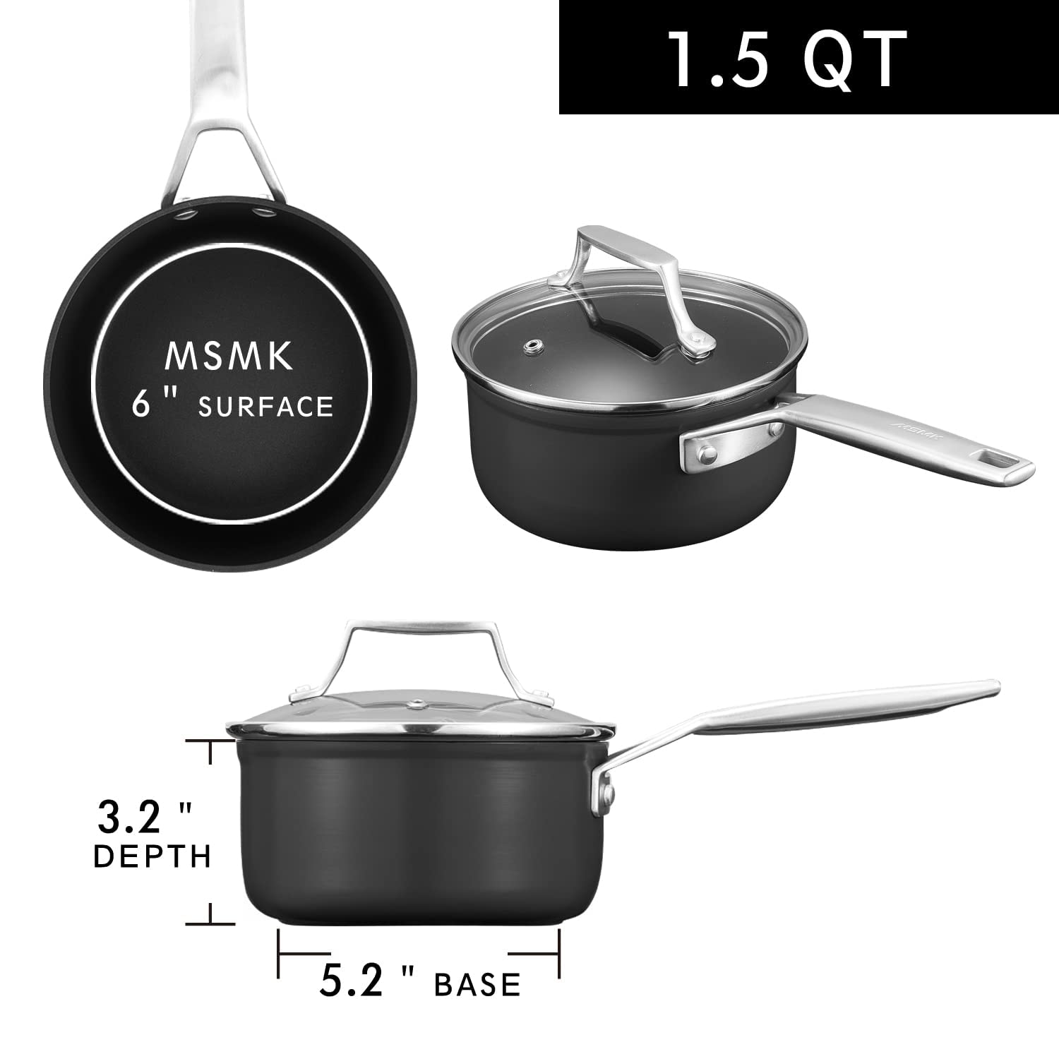 MSMK 1.5 Quart Saucepan with lid, Burnt also Non stick, Induction, Scratch-resistant, Small Cooking Pot