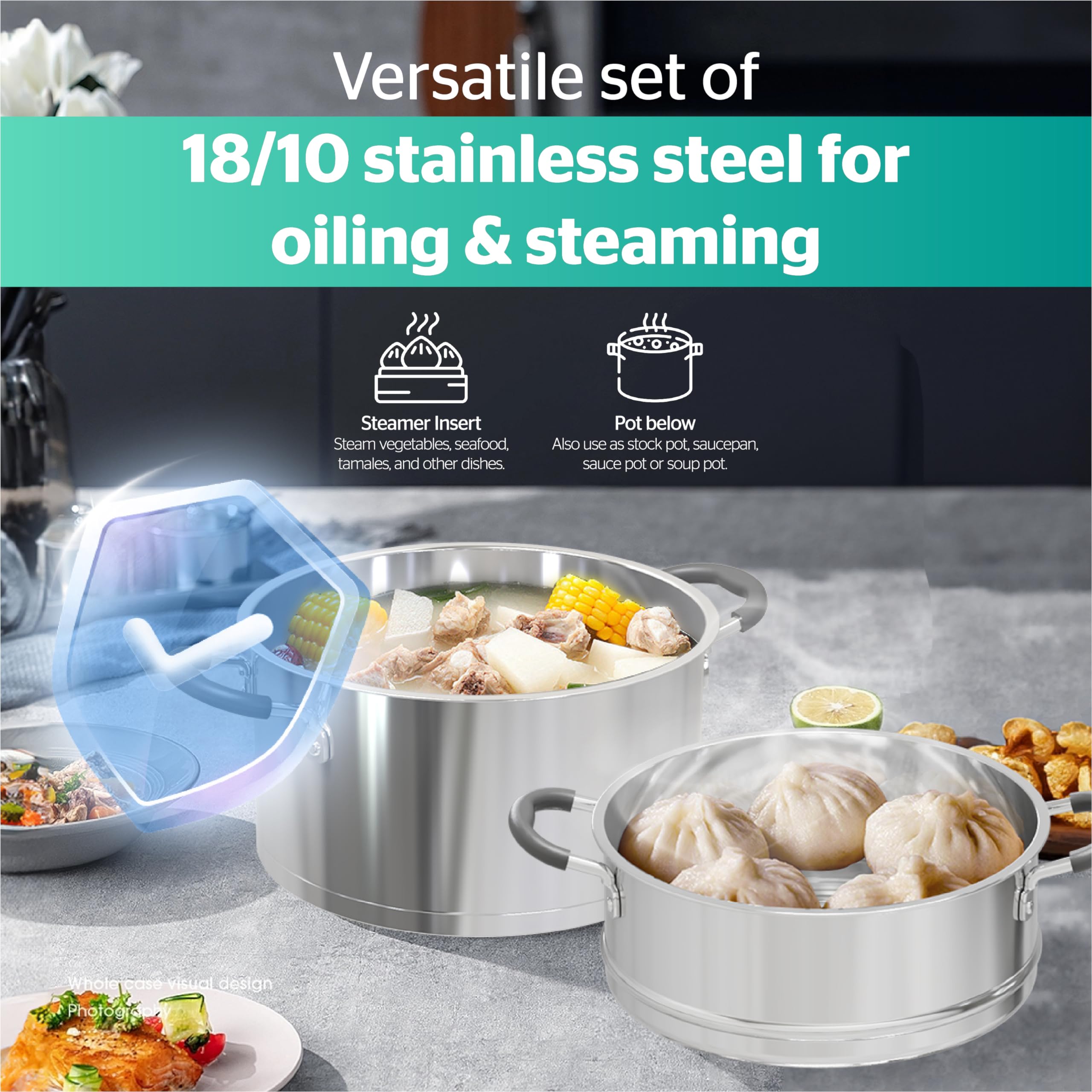 Sunhouse - 5.5 Quarts Multipurpose Stock Pot and Steamer Pot with PFOA-free,18/10 Stainless Steel Steam Pot for Cooking Vegetables, Seafood - Cooking Pot with Lid Suitable for Soups, Stews and Pasta