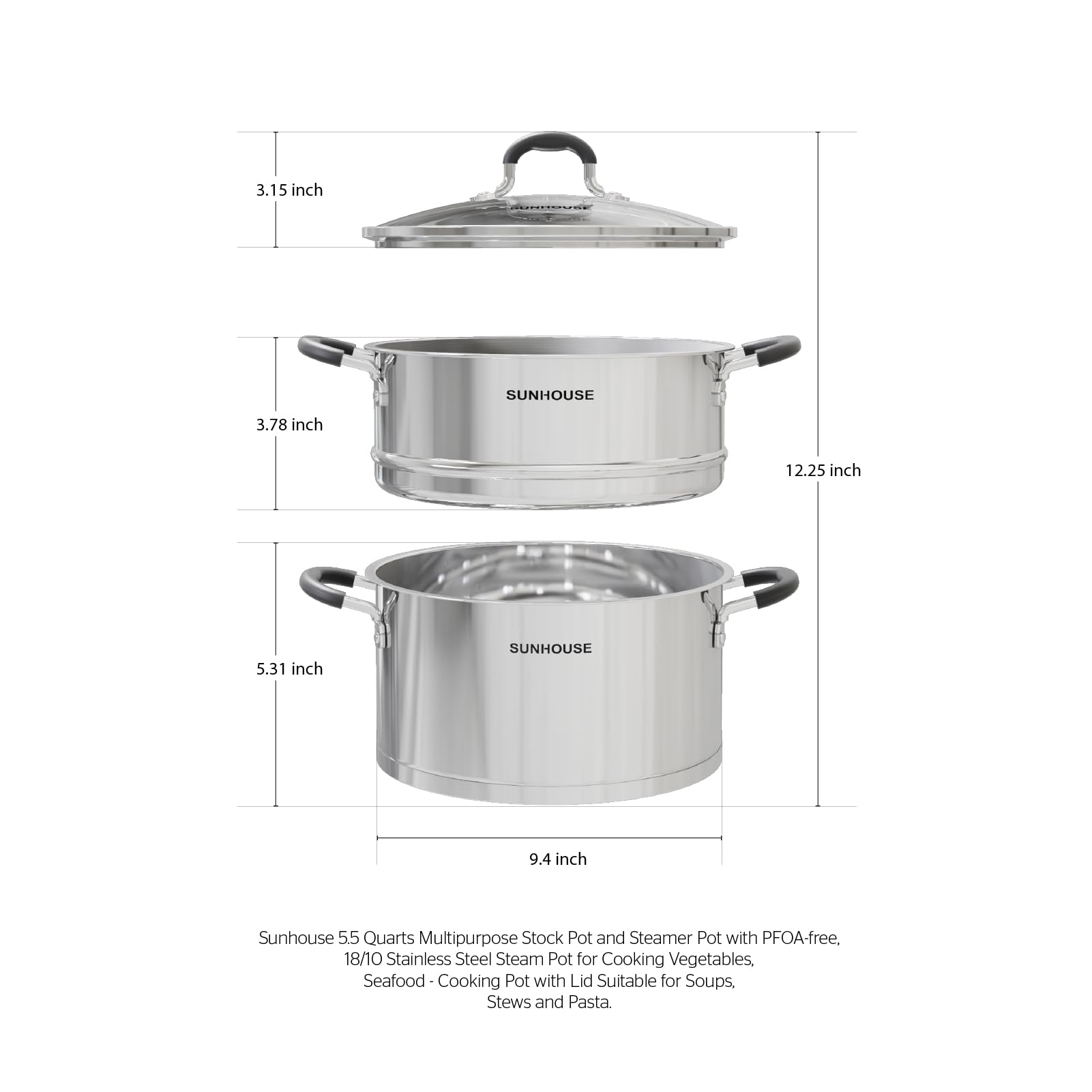 Sunhouse - 5.5 Quarts Multipurpose Stock Pot and Steamer Pot with PFOA-free,18/10 Stainless Steel Steam Pot for Cooking Vegetables, Seafood - Cooking Pot with Lid Suitable for Soups, Stews and Pasta