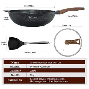 ANEDER Wok Pan Nonstick 12.5 Inch Skillet, Frying Pan with Lid & Spatula Wok Pans for Cooking Electric, Induction & Gas Stoves, Oven Safe