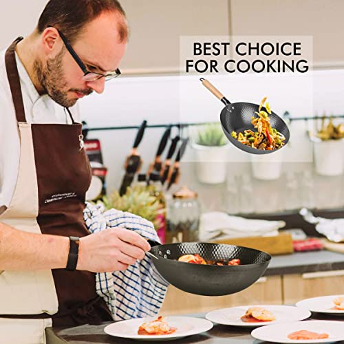 Carbon Steel Wok, 7 Pcs Wok Pan with Wooden Lid & Handle Stir-Fry Pans 12.8" Chinese Wok Flat Bottom Wok with Cookware Accessories Suitabe for all Stoves (Black)