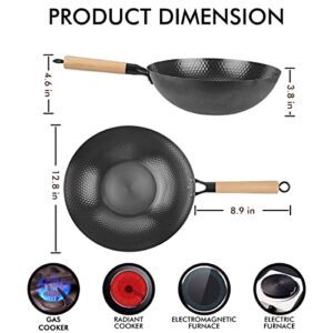 Carbon Steel Wok, 7 Pcs Wok Pan with Wooden Lid & Handle Stir-Fry Pans 12.8" Chinese Wok Flat Bottom Wok with Cookware Accessories Suitabe for all Stoves (Black)