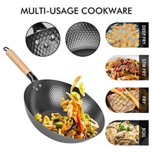 Carbon Steel Wok, 7 Pcs Wok Pan with Wooden Lid & Handle Stir-Fry Pans 12.8" Chinese Wok Flat Bottom Wok with Cookware Accessories Suitabe for all Stoves (Black)