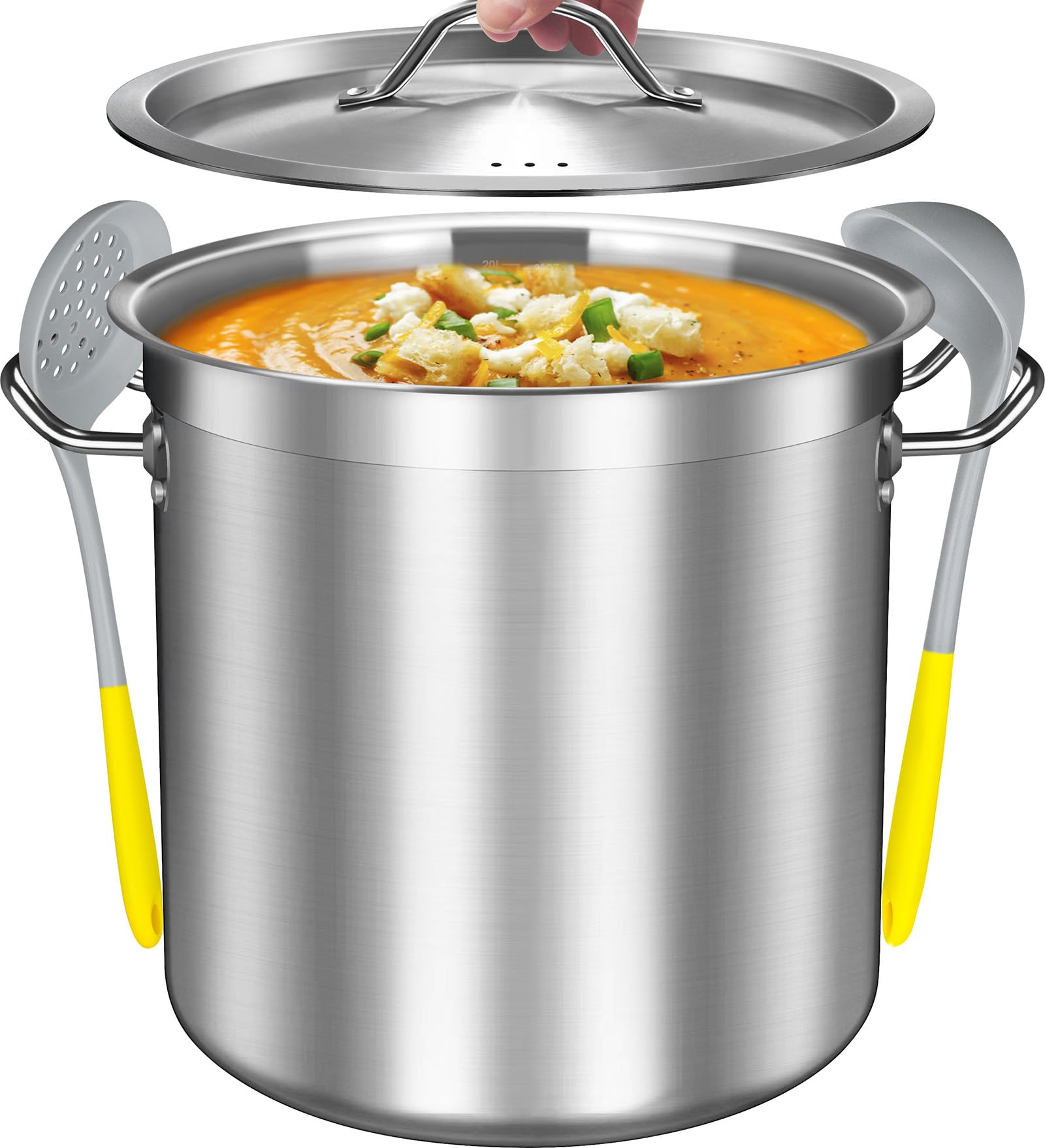 Falaja Large Stock Pot Set- 20 Quart Stockpots - Include Silicone Ladle, Slotted Spoon - Stainless Steel Cooking Pot, Soup Pot with Lid, Big Pots for Cooking, Induction Pot Stew Pot Pozole Pot