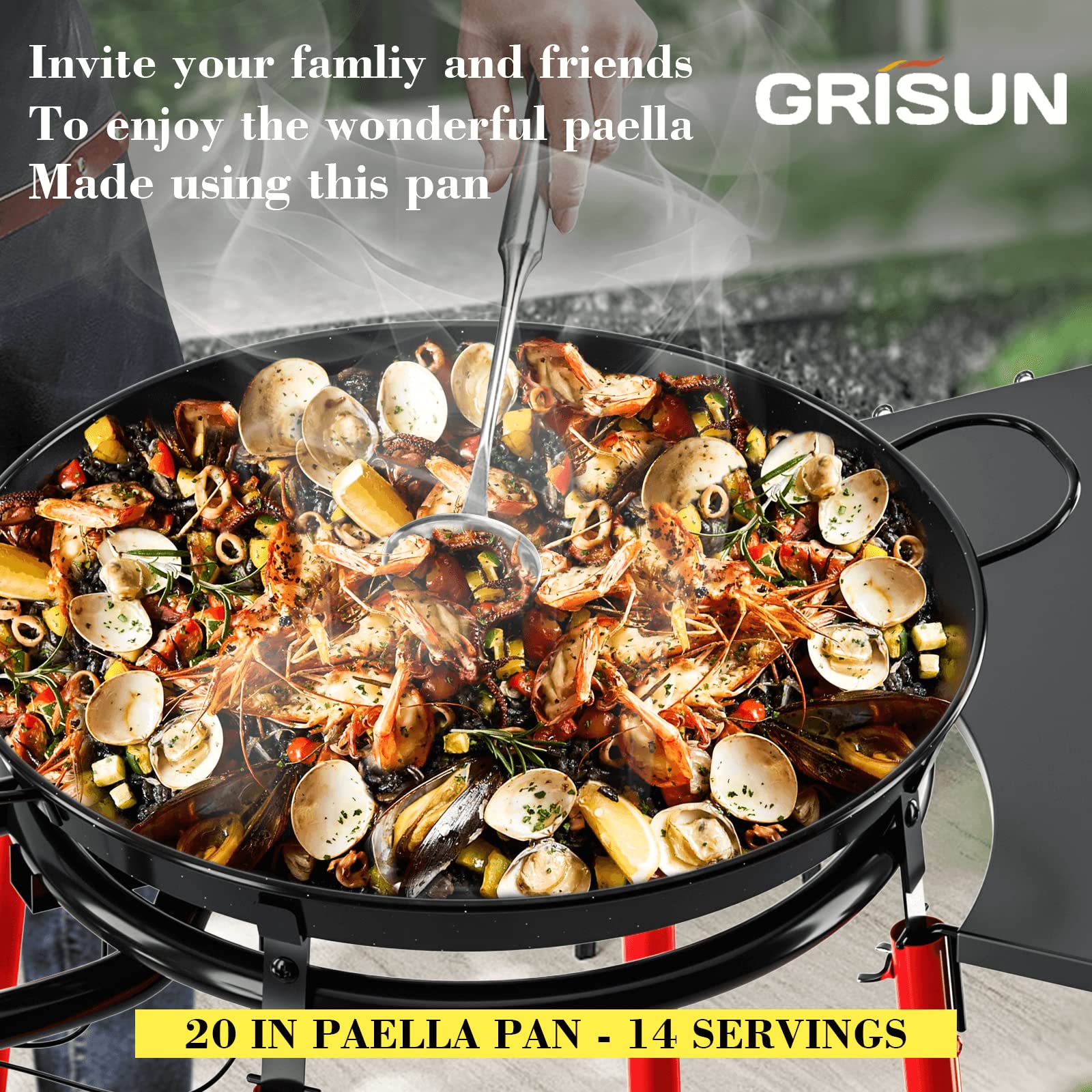 GRISUN Tabarca Paella Pan Set with Paella Burner, 20 Inch Enameled Steel Paella Pan with Side Shelf, 4 Reinforced Legs with Bottom Shelf, Paella Burner with Regulator Hose and Igniter (14 Servings)