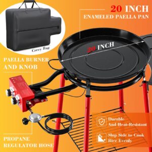 GRISUN Tabarca Paella Pan Set with Paella Burner, 20 Inch Enameled Steel Paella Pan with Side Shelf, 4 Reinforced Legs with Bottom Shelf, Paella Burner with Regulator Hose and Igniter (14 Servings)