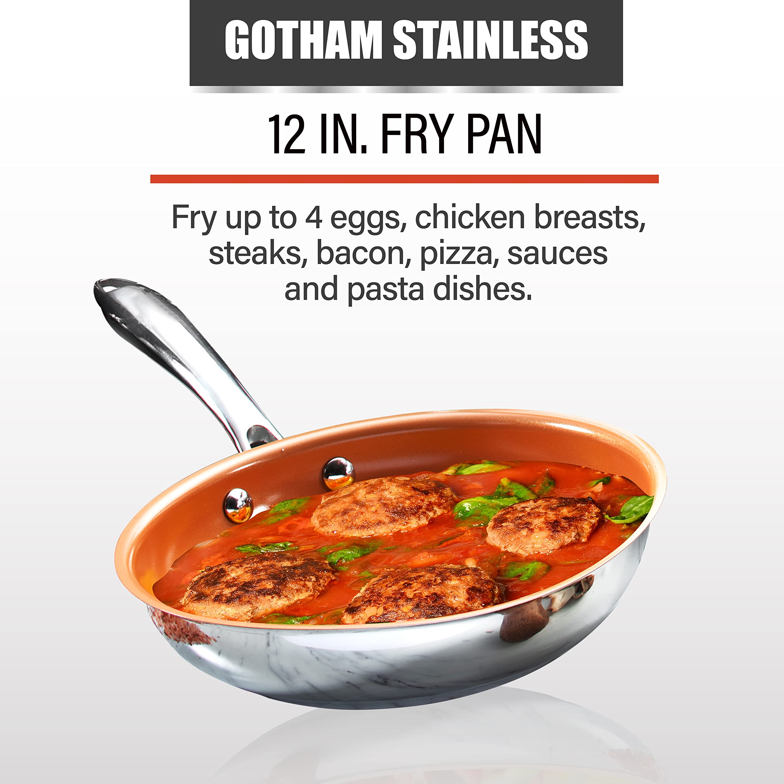 Gotham Steel Stainless Steel Premium 12” Frying Pan, Triple Ply Reinforced with Super Nonstick Ti- Cerama Copper Coating and Induction Capable Encapsulated Bottom – Dishwasher Safe