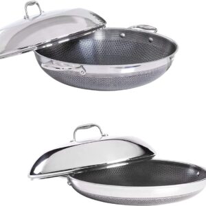 HexClad 4 Piece Hybrid Stainless Steel Cookware Set - 14 Inch Wok and14 Inch Frying Pan with Lid, Stay Cool Handles, Dishwasher and Oven Safe, Non-Stick