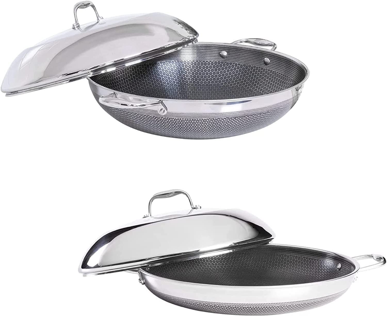 HexClad 4 Piece Hybrid Stainless Steel Cookware Set - 14 Inch Wok and14 Inch Frying Pan with Lid, Stay Cool Handles, Dishwasher and Oven Safe, Non-Stick