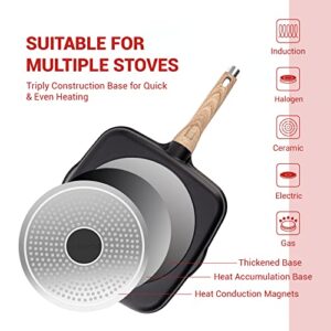 Sakuchi 11 Inch Grill Pan for Stove Tops Induction Compatible，Nonstick Square Griddle Pan for Grilling, Frying, Sauteing