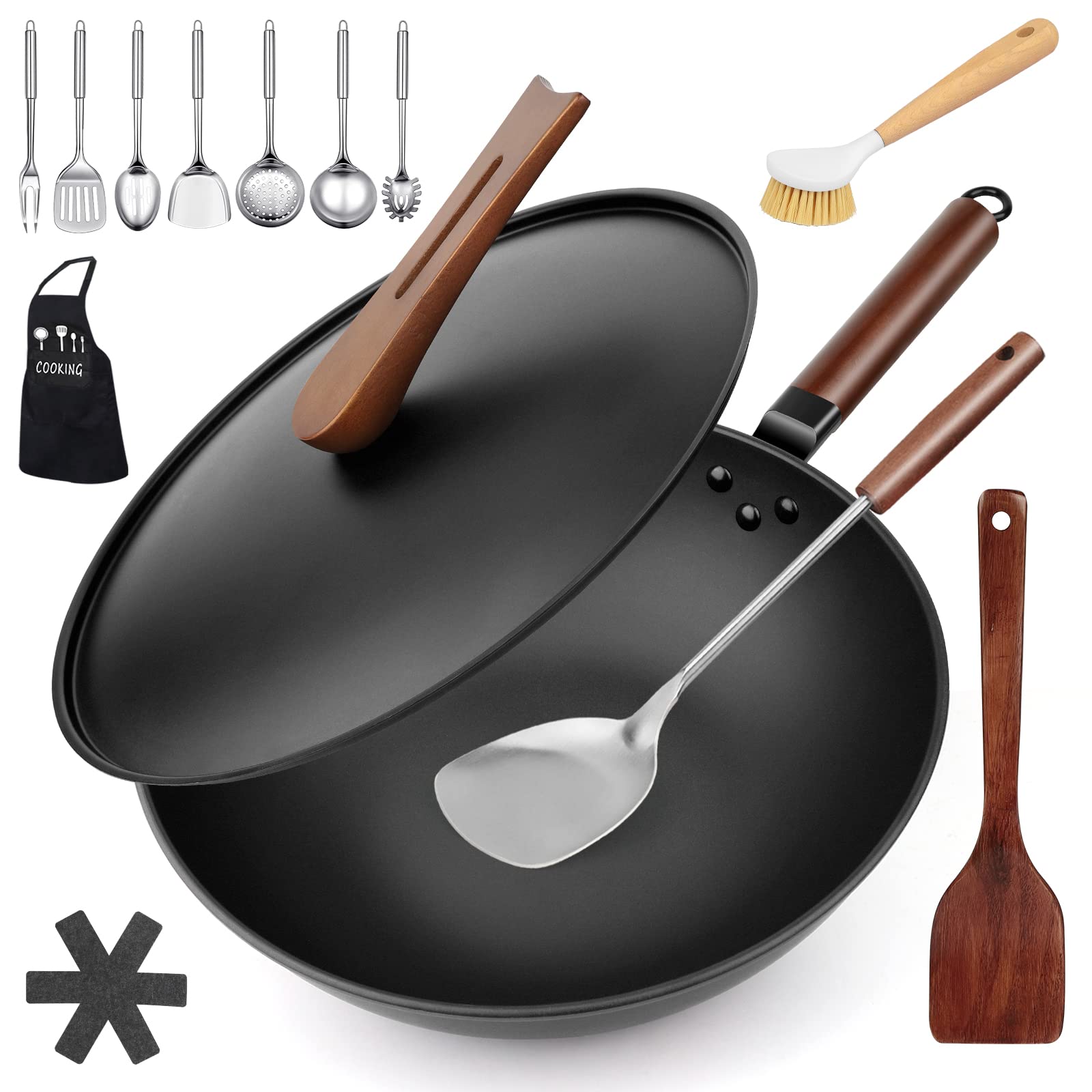 LEITAO Carbon Steel Wok Pan, 14 Piece Woks & Stir-Fry Pans Set with Lid & Cookwares, No Chemical Coated Flat Bottom Chinese Woks Pan for Induction, Electric, Gas, Halogen All Stoves