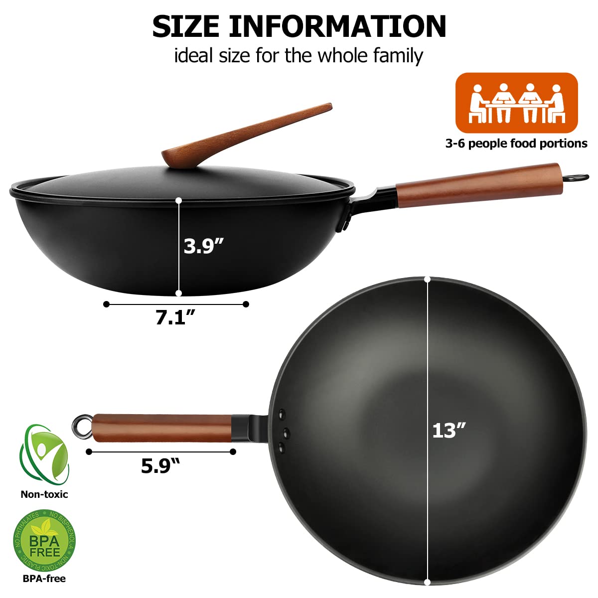 LEITAO Carbon Steel Wok Pan, 14 Piece Woks & Stir-Fry Pans Set with Lid & Cookwares, No Chemical Coated Flat Bottom Chinese Woks Pan for Induction, Electric, Gas, Halogen All Stoves