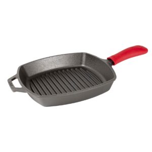 Lodge L8SGP3ASHH41B Cast Iron Square Grill Pan with Red Silicone Hot Handle Holder, Pre-Seasoned, 10.5-inch