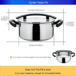 Cyrder Stainless Steel Pasta Pot, Dutch Oven Pot, Induction Pasta Pot with Strainer Lid, Stock Pot/Soup Pot, Easy Cleanup Stylish Cookware, Dishwasher Safe, 5 Quart