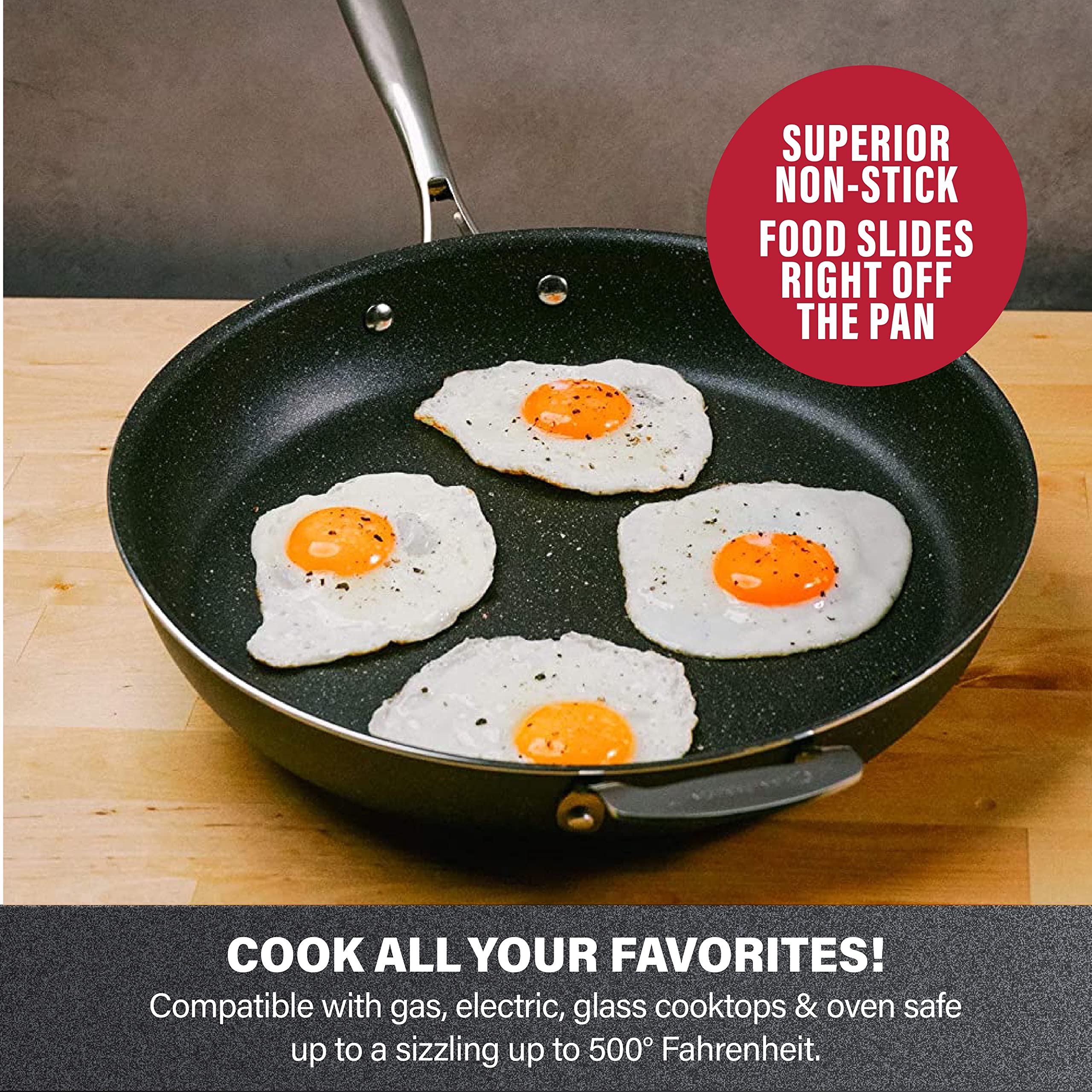 Granitestone 14 Inch Large Nonstick Frying Pan Nonstick Pan for Cooking with Diamond Triple Coated Surface, Family Sized Nonstick Frying Pan Skillet with Stay Cool/Helper Handle, Oven/Dishwasher Safe