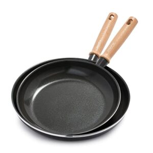 greenpan hudson healthy ceramic nonstick, 9.5" and 11" frying pan skillet set, vintage wood inspired handle, pfas-free, dishwasher safe, black