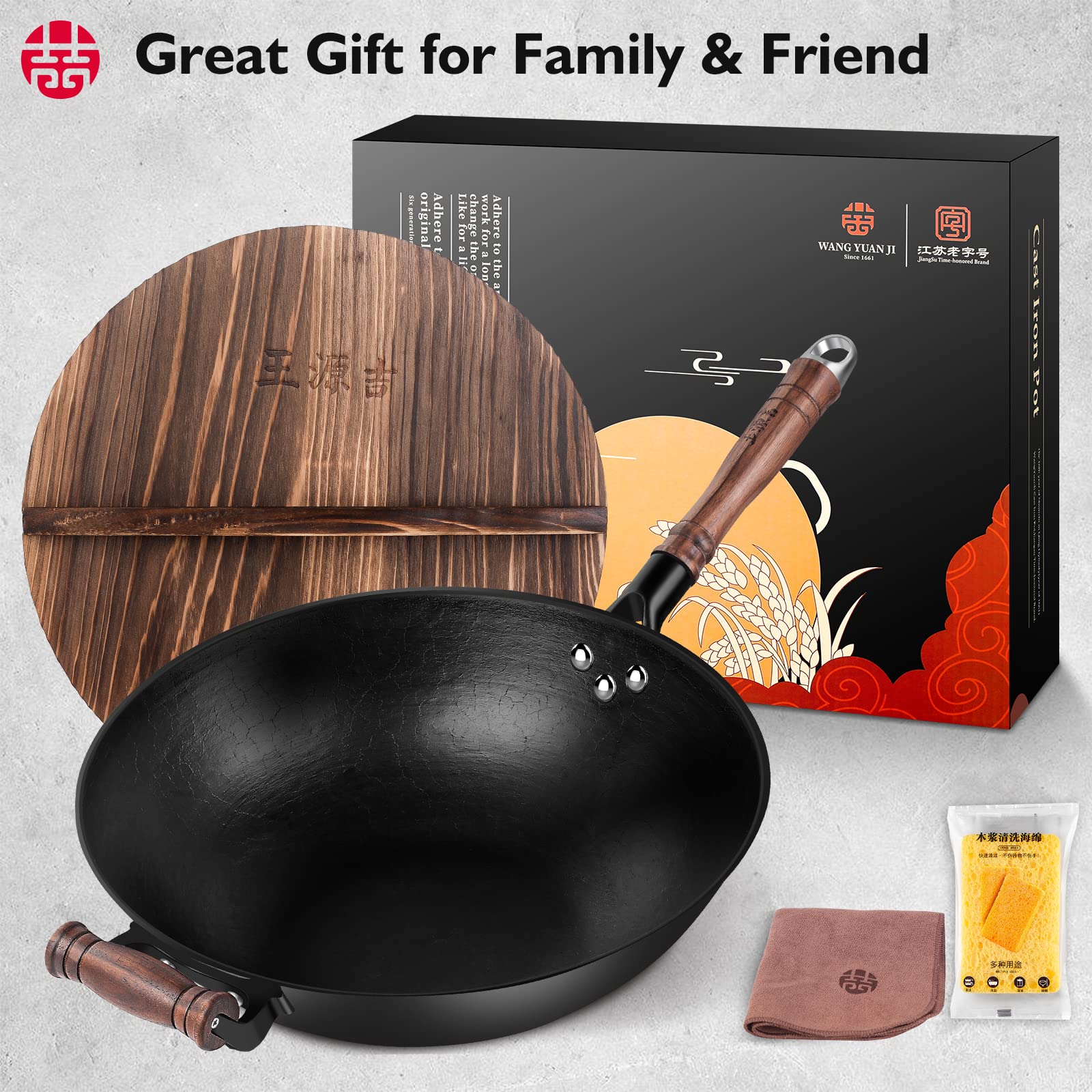 WANGYUANJI Cast Iron Wok Pan 14.2" Large Wok Stir Fry Pan Flat Bottom Wok with Lid and Wood Handle,Suitable for All Cooktops, Uncoated Craft Wok Healthy Cooking Wok-Practical Gift