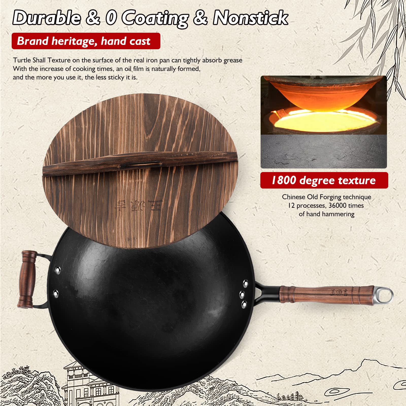 WANGYUANJI Cast Iron Wok Pan 14.2" Large Wok Stir Fry Pan Flat Bottom Wok with Lid and Wood Handle,Suitable for All Cooktops, Uncoated Craft Wok Healthy Cooking Wok-Practical Gift