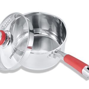 Concord 3 Quart Stainless Steel Saucepan with SIMPLE POUR Vented Glass Lid. Features Dual Pouring Spouts and Volume Marking. Perfect for making Sauces, Jam, Ramen, and more