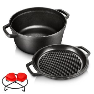 pre-seasoned cast iron 2-in-1 heavy-duty 5.5qt dutch oven with skillet lid set, oven,grill, stove top, bbq and induction safe