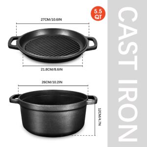 Pre-Seasoned Cast Iron 2-In-1 Heavy-Duty 5.5qt Dutch Oven With Skillet Lid Set, Oven,Grill, Stove Top, BBQ and Induction Safe