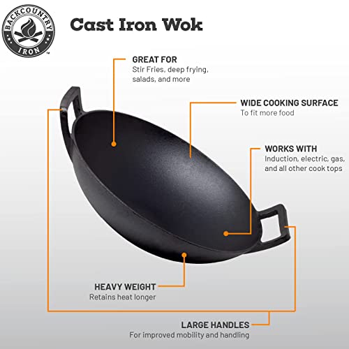 Backcountry Iron 14 inch Cast Iron Wok with Flat Base and Handles