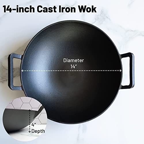 Backcountry Iron 14 inch Cast Iron Wok with Flat Base and Handles