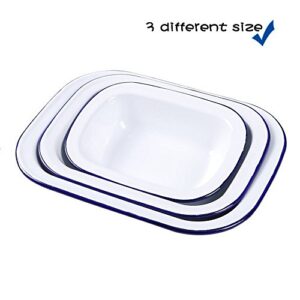 Webake Enamelware Roasting Pan 3 Pack Enameled Steel Oblong Pie Pan Pie Dish Roaster Pan Food Containers, Solid White with Blue Rim