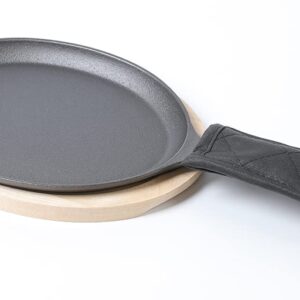 HAWOK Cast Iron Fajita Plate Sizzler Pan Set with Wooden Tray and Handle Holder, Pre-seasoned Cast Iron Skillet with Wooden Base and Handle Cover