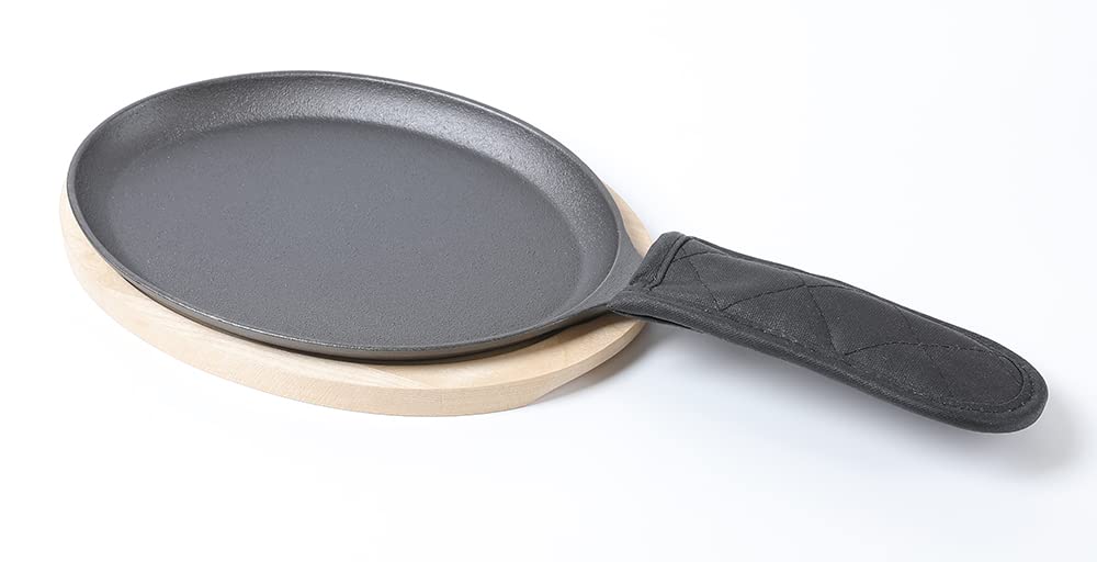 HAWOK Cast Iron Fajita Plate Sizzler Pan Set with Wooden Tray and Handle Holder, Pre-seasoned Cast Iron Skillet with Wooden Base and Handle Cover