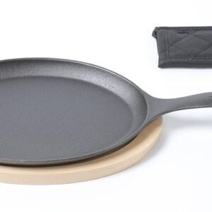 HAWOK Cast Iron Fajita Plate Sizzler Pan Set with Wooden Tray and Handle Holder, Pre-seasoned Cast Iron Skillet with Wooden Base and Handle Cover