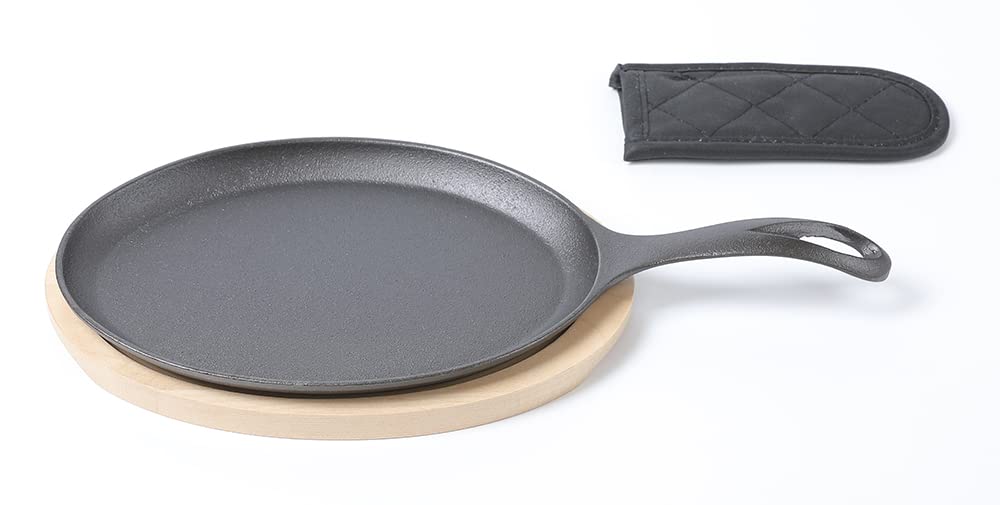 HAWOK Cast Iron Fajita Plate Sizzler Pan Set with Wooden Tray and Handle Holder, Pre-seasoned Cast Iron Skillet with Wooden Base and Handle Cover