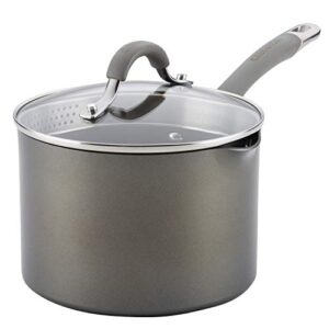 circulon 84567 3-qt.covered straining pour spouts hard anodized aluminum saucepan, 3 quart, oyster gray