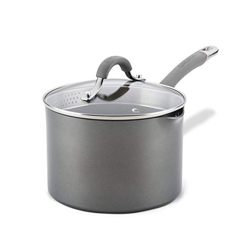 Circulon 84567 3-Qt.Covered Straining Pour Spouts Hard Anodized Aluminum Saucepan, 3 quart, Oyster Gray